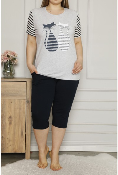Nicoletta Gri Kadın Kapri Pijama Takımı Kısa Kollu Büyük Beden Likralı Nicoletta Gri Kadın Kapri Pijama Takımı Kısa Kollu Büyük Beden Likralı