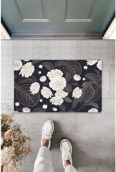 Dekoratif Dijital Çiçekler Arasında Tek Kuş Siyah Kapı Paspası Dış Mekan Paspas PS1059