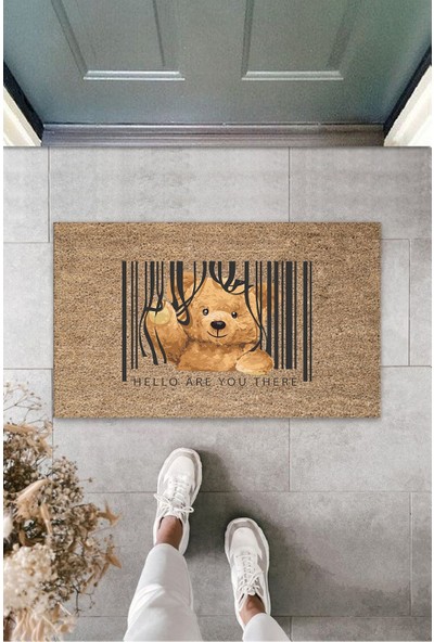 Kahverengi Kapı Önü Paspası Hello Are You There Ayıcık Desen PS973