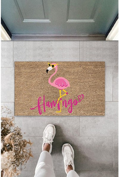 Silkcoat Home Dijital Pembe Flamingo Bej Kapı Paspası Dış Mekan PASPASPS1058