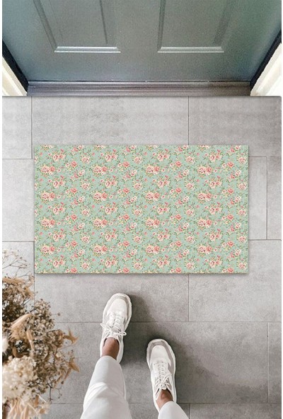 Silkcoat Home Dijital Baskı Açık Yeşil Çoklu Çiçek Paspas PS1116