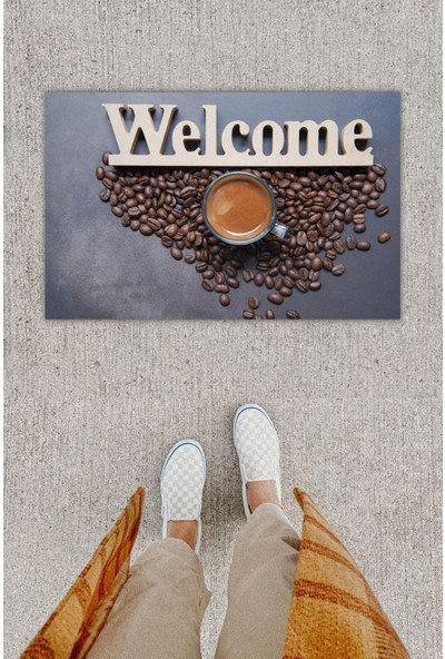 Silkcoat Home Dijital Baskı Dekoratif Welcome Koyu Gri Kapı Önü Paspası PS1230