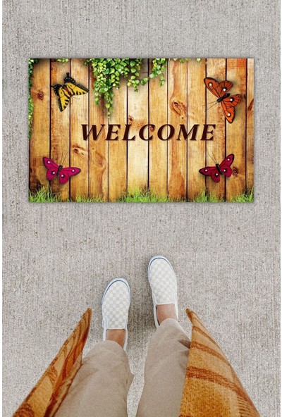 Silkcoat Home Dijital Baskı Dekoratif 4'lü Kelebek Kahverengi Kapı Önü Paspası PS1246