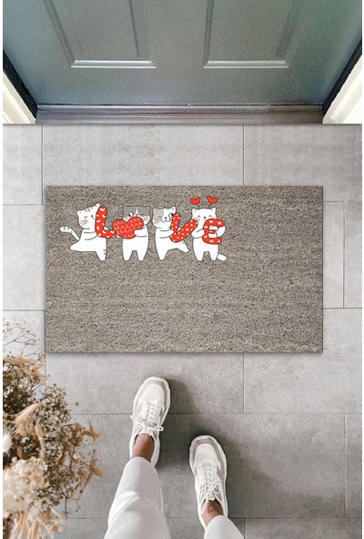 Silkcoat Home Dijital Baskı Gri Love Harflerini Tutan Beyaz Kediler Dekoratif Kapı Paspası PS1315