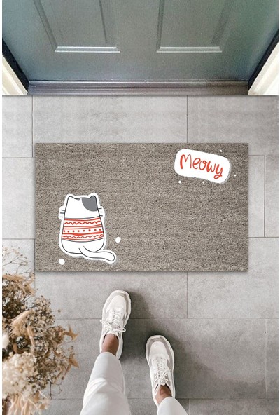 Silkcoat Home Dijital Baskı Gri Meowy Yazılı Arkasını Dönmüş Kazaklı Kedi Dekoratif Kapı Paspası PS1313