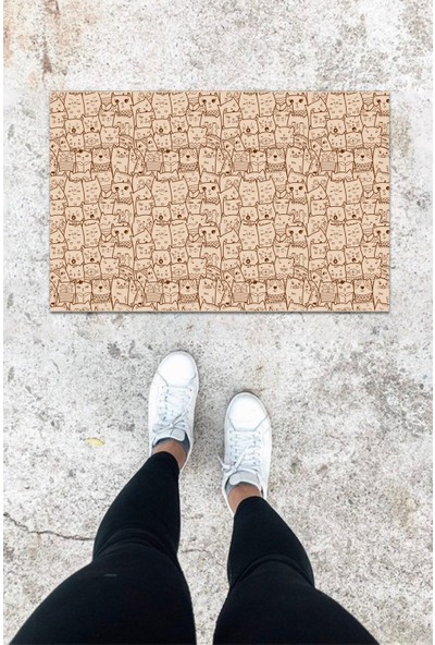 Silkcoat Home Dijital Baskı Bej Kedili Desen Kapı Önü Paspası PS1346