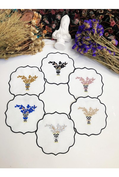 Sun Art Textile Bahar Dalı-2 6 Farklı Renk Nakışlı Kokteyl / Sunum Peçetesi, Bardak Altlığı 6'lı Takım