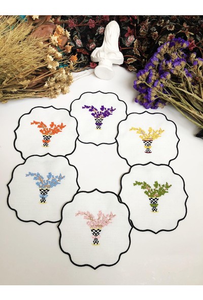 Sun Art Textile Bahar Dalı-1 6 Farklı Renk Nakışlı Kokteyl / Sunum Peçetesi, Bardak Altlığı 6'lı Takım