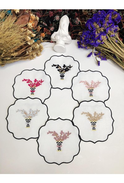 Sun Art Textile Bahar Dalı-3 6 Farklı Renk Nakışlı Kokteyl / Sunum Peçetesi, Bardak Altlığı 6'lı Takım