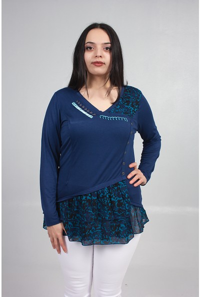 Truva Xxl Büyük Beden Kadın Giyim Etek Ucu Şifon Düğmel Bluz Lacivert BZ688