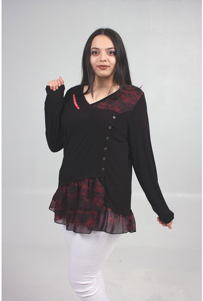 Truva Xxl Büyük Beden Kadın Giyim Etek Ucu Şifon Bluz Siyah BZ687