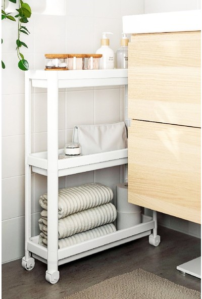 Omaş 3 Katlı Tekerlekli Beyaz Raf Ünitesi