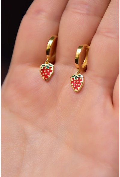 925 Ayar Gümüş Gold Kaplama Mineli Çilek Halka Küpe 925 Ayar Gümüş Gold Kaplama Mineli Çilek Halka Küpe