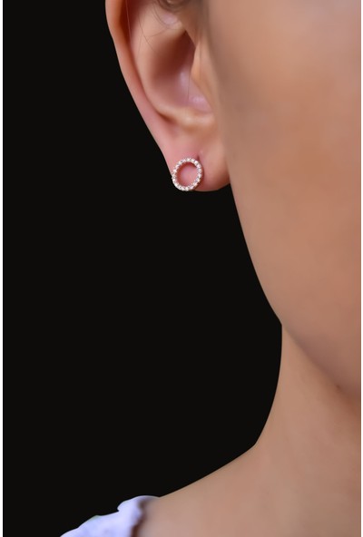 925 Ayar Gümüş Rose Kaplama Zirkon Taşlı Çivili Çember Küpe