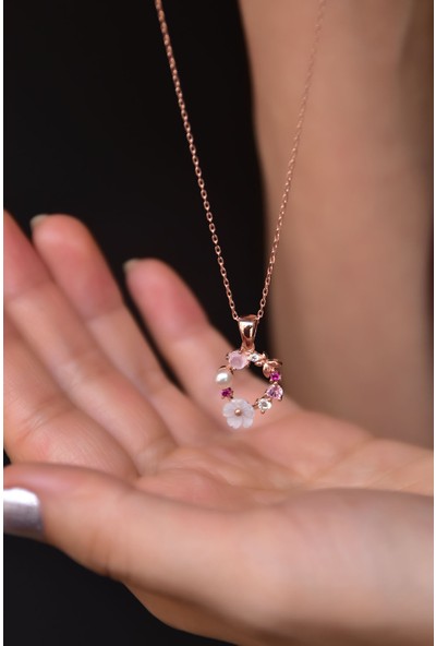 Papatya Silver 925 Ayar Gümüş Rose Kaplama Incili Kelebek Sedef Manolya Çiçek Kolye