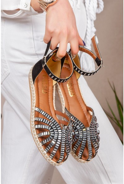 Modalem MD33588 Siyah Süet Boncuklu Kadın Sandalet