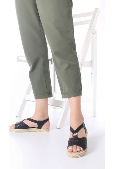 Modalem MD34785 Siyah Cilt Kadın Sandalet