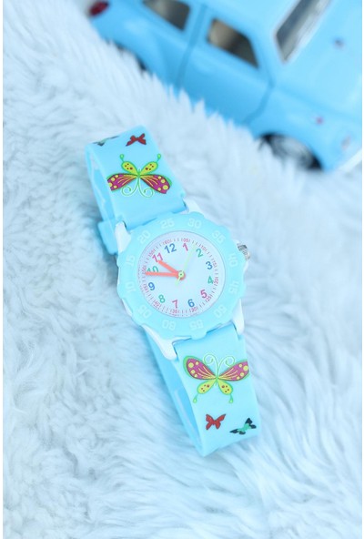 MD34284 Turkuaz Renk Kelebek Desenli Çocuk Saat