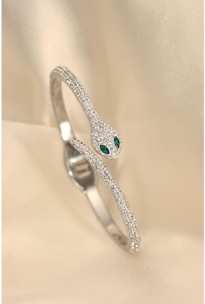 MD33919 Çelik Gümüş Renk Taşlı Yılan Figürlü Kadın Kelepçe Bileklik