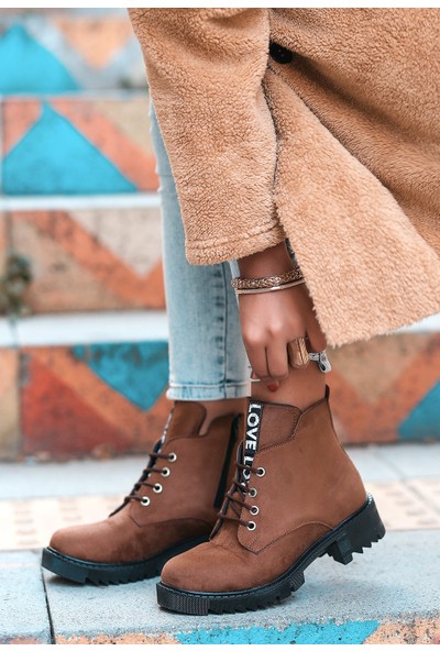 MD33371 Taba Süet Bağcıklı Kadın Bot