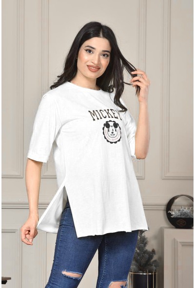 Bisiklet Yaka Uzun Beyaz Kadin T-Shirt