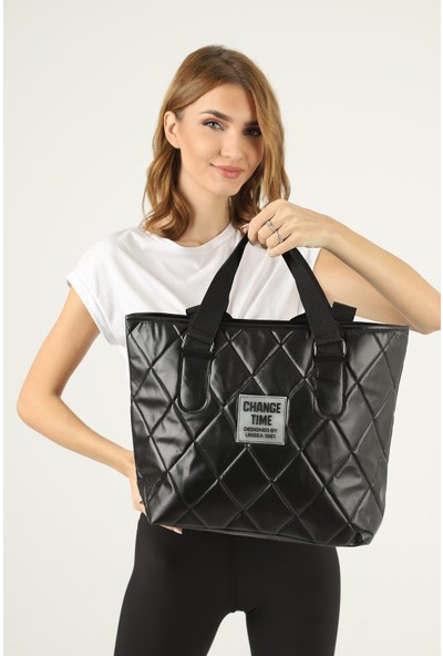 Likya Kadın Siyah Büyük Kapitonel Işlemeli Omuz Çantası