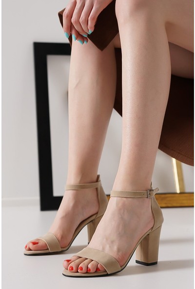 Lara Ayakkabı Lr Kadın Ten Süet Tek Bantlı Topuklu Ayakkabı
