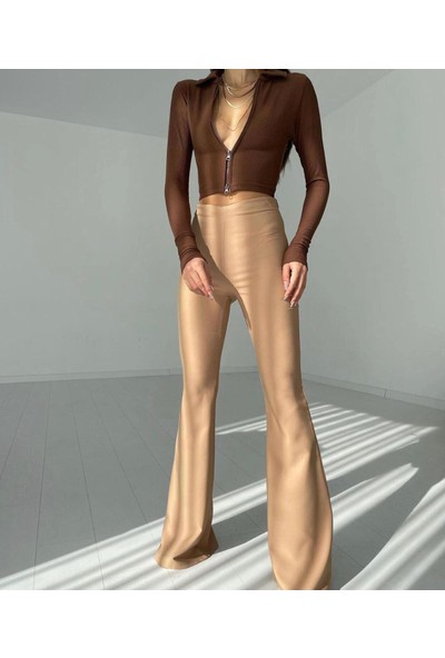 Şans Fashion Bej Yüksek Bel Ispanyol Paça Pantolon