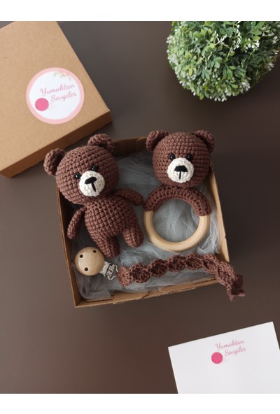 Yumaktan Sevgiler Amigurumi Ayıcık Oyuncak, Diş Kaşıyıcı ve Emzik Zinciri Set