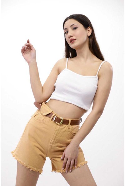 Kemerli Paça Püsküllü Gabardin Şort