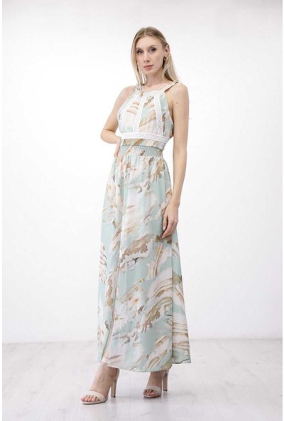 Sırt Dekolteli Batik Desenli Elbise