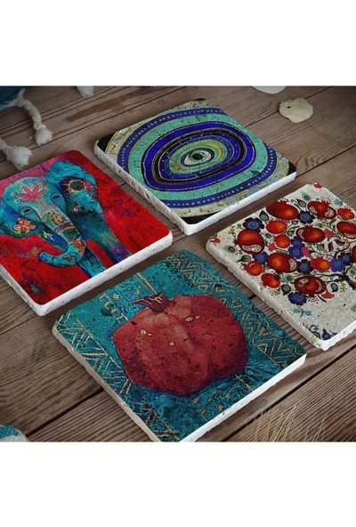 Begoloni Taş Bardak Altlığı 4'lü Set (10X10CM) Baskılı Begoloni Taş Bardak Altlığı 4'lü Set (10X10CM) Baskılı