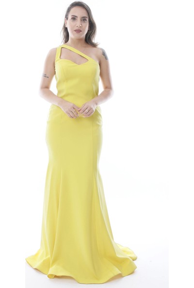 Doridorca Sarı Krep Balık Kesim Abiye Elbise