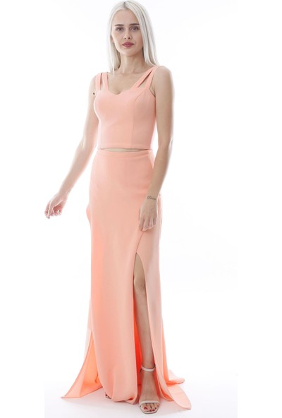 Doridorca Abiye Elbise Iki Parça Somon Renk Yırtmaçlı
