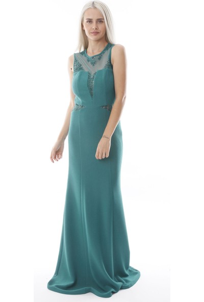 Alfa Beta Petrol Yeşil Dantel Taş Detaylı Uzun Abiye Elbise