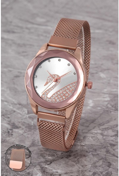 POLO55 PLKHM003R05 Taşlı Kuğu Desenli Kadran, Prizma Cam,hasır Örme Mıknatıslı Kordon, Rose Kol Saati POLO55 PLKHM003R05 Taşlı Kuğu Desenli Kadran, Prizma Cam,hasır Örme Mıknatıslı Kordon, Rose Kol Saati