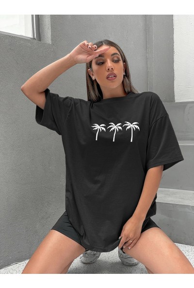 Kadın Siyah Palmiye Oversize Baskılı T-Shirt S2118