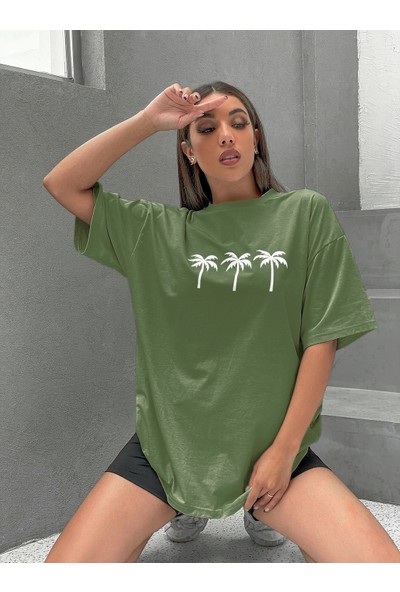 Kadın Haki Palmiye Oversize Baskılı T-Shirt S2118
