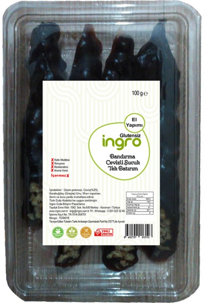 Ingro Glutensiz El Yapımı Karabuğdaylı Bandırma Cevizli Sucuk Tek Batırım 100 G Ingro Glutensiz El Yapımı Karabuğdaylı Bandırma Cevizli Sucuk Tek Batırım 100 G