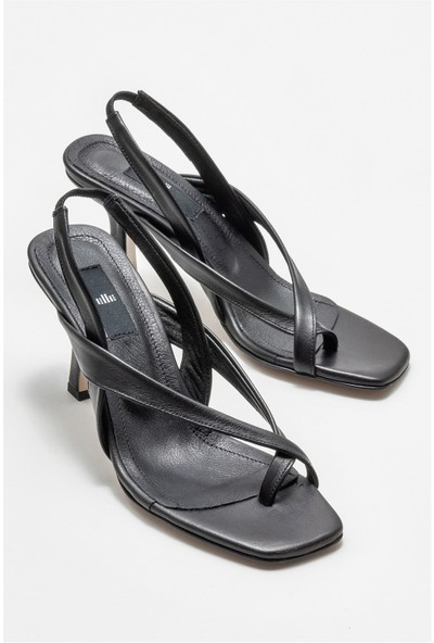 Elle Shoes Siyah Deri Kadın Topuklu Sandalet
