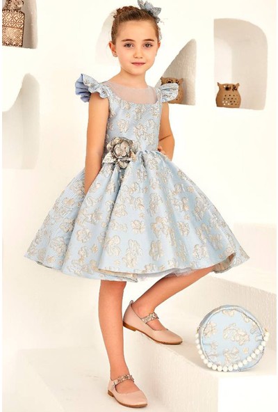 Kız Çocuk Yakası Tül Detaylı Omzu Fırfırlı Çiçek Işlemeli Mavi Abiye
