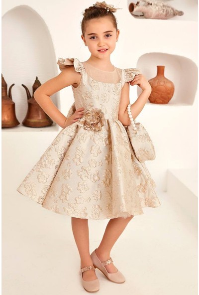 Kız Çocuk Yakası Tül Detaylı Omzu Fırfırlı Çiçek Işlemeli Bej Abiye