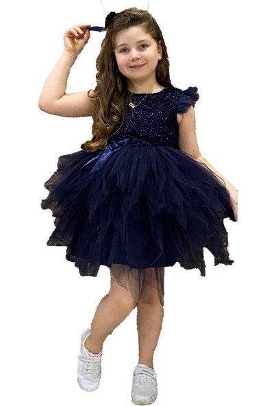 Kız Çocuk Omzu Tütülü Kabarık Lacivert Abiye Kız Çocuk Omzu Tütülü Kabarık Lacivert Abiye