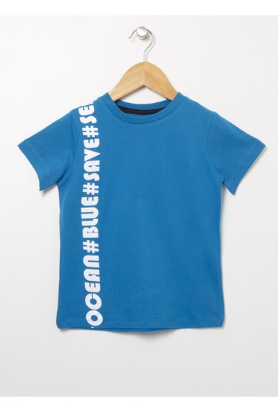 Limon Bisiklet Yaka Standart Kalıp Baskılı Saks Erkek Çocuk T-Shirt - Blue Boy