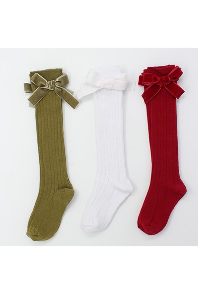 3'lü Set Kırmızı Beyaz Haki Kurdeleli Çocuk Diz Altı Çorap 3'lü Set Kırmızı Beyaz Haki Kurdeleli Çocuk Diz Altı Çorap