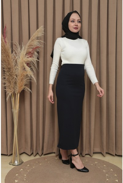 Kadın Lacivert Beli Lastikli Kalem Etek