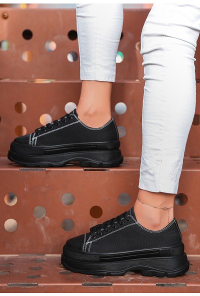 Shoecide Siyah Keten Bağcıklı Spor Ayakkabı