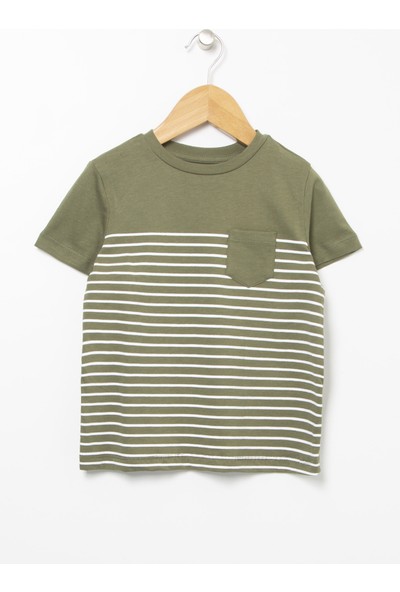 Limon Bisiklet Yaka Oversize Çizgili Kırmızı Erkek Çocuk T-Shirt - Hakı Boy