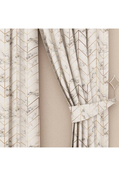 Ayze Home Mutfak - Mermer Damask Baskılı Fon Perde