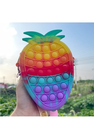 Pop It Oyuncak Çilek Çanta Gökkuşağı Kumaş Ipli 18X13CM